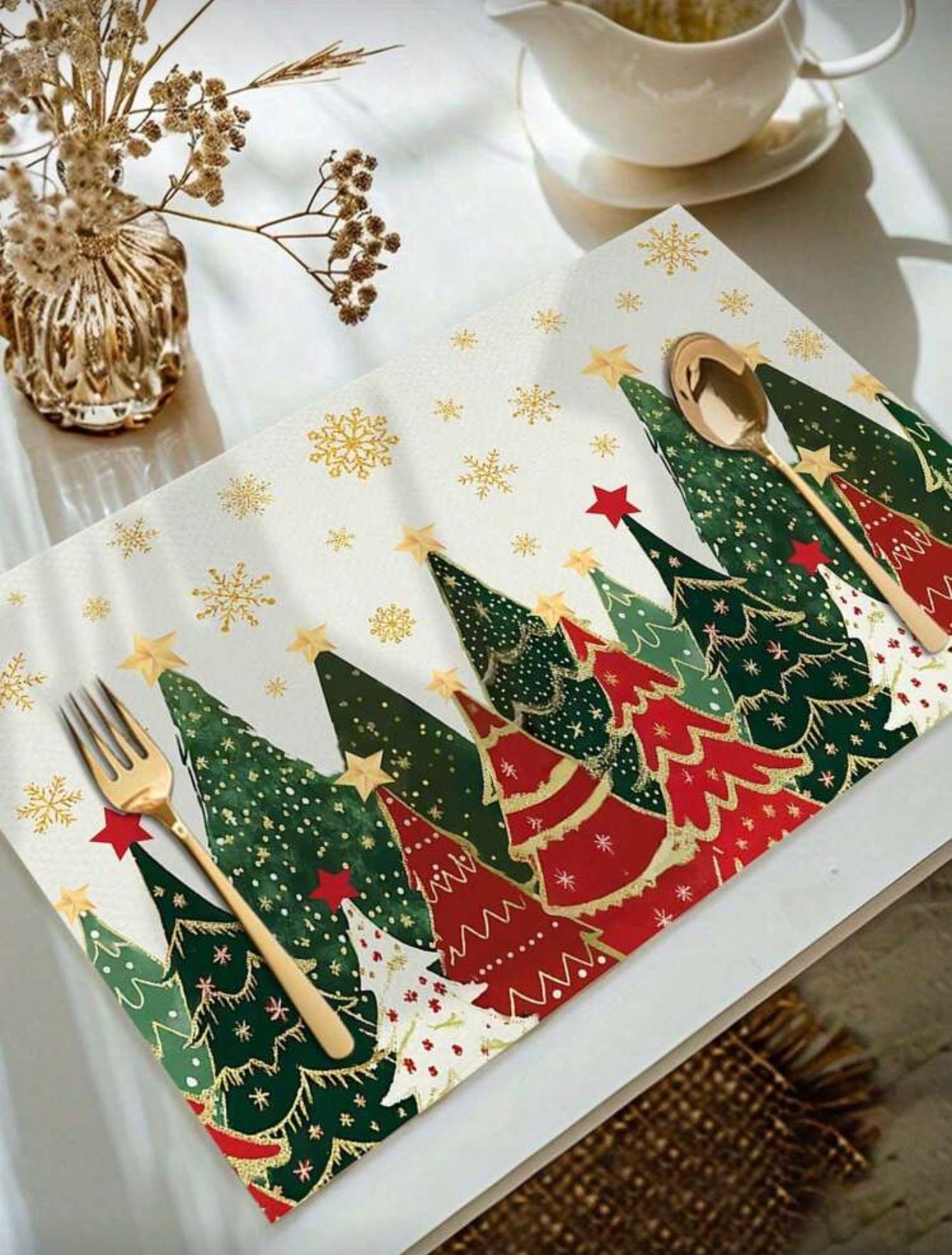 Set de 4 manteles de Navidad blanco con verde y rojo – Nina Boutique